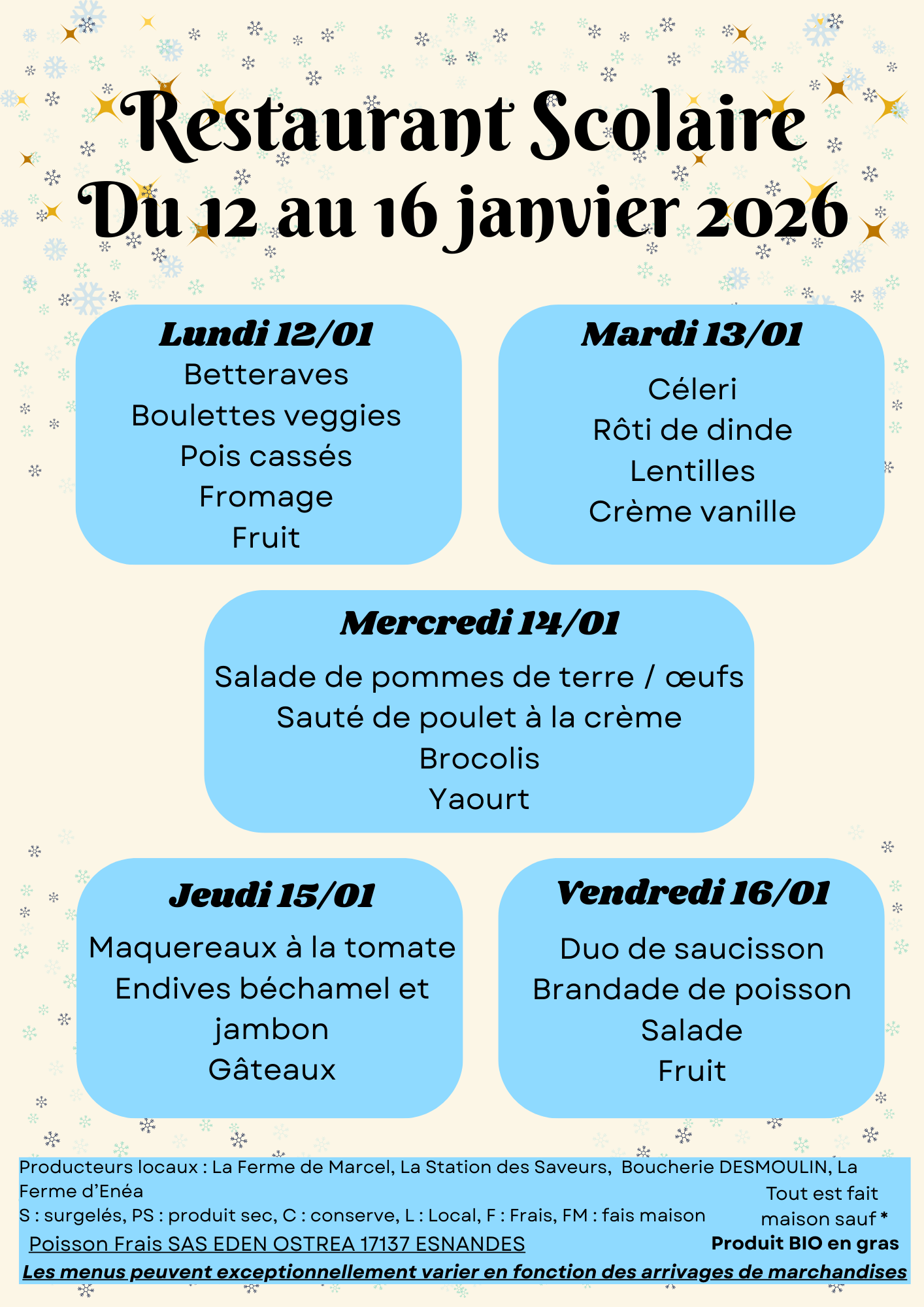 Menu du 12 au 16 Janvier 2026 - Mairie de Tocane Saint Apre